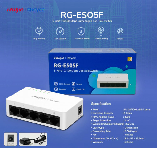 Ruijie 5 Port 10 100 Mbps Unmanaged Non Poe Switch Price 14 00 In Ou