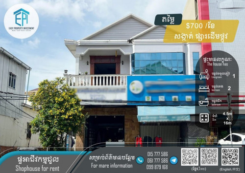 ផ្ទះអាជីវកម្ម E0 សម្រាប់ជួល នៅសង្កាត់ផ្សារដើមថ្កូវ L Sh For Rent In