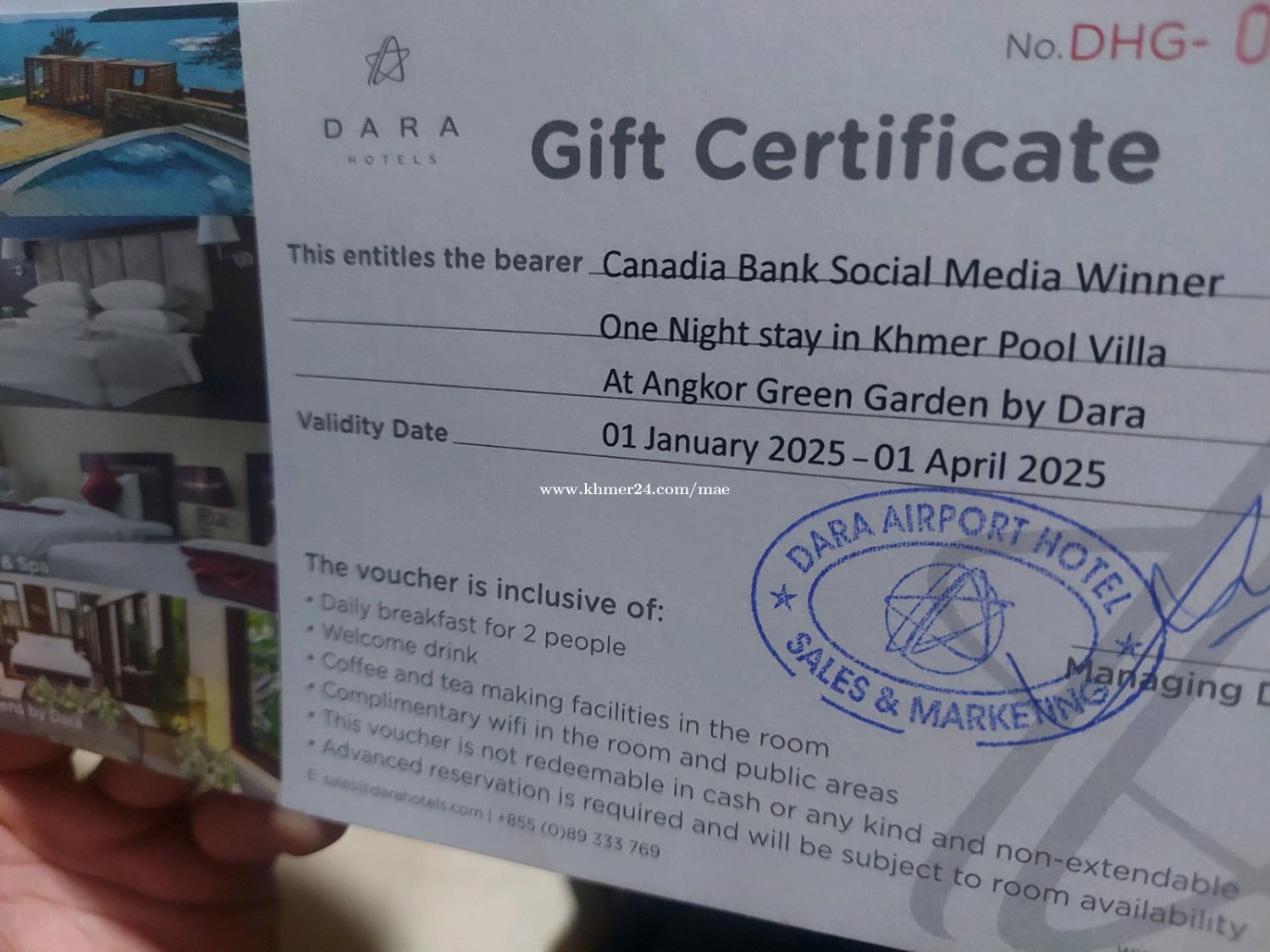 Resell 100$ One night stay voucher ប័ណ្ណស្នាក់នៅ១យប់នៅសណ្ឋាគារ Angkor ...