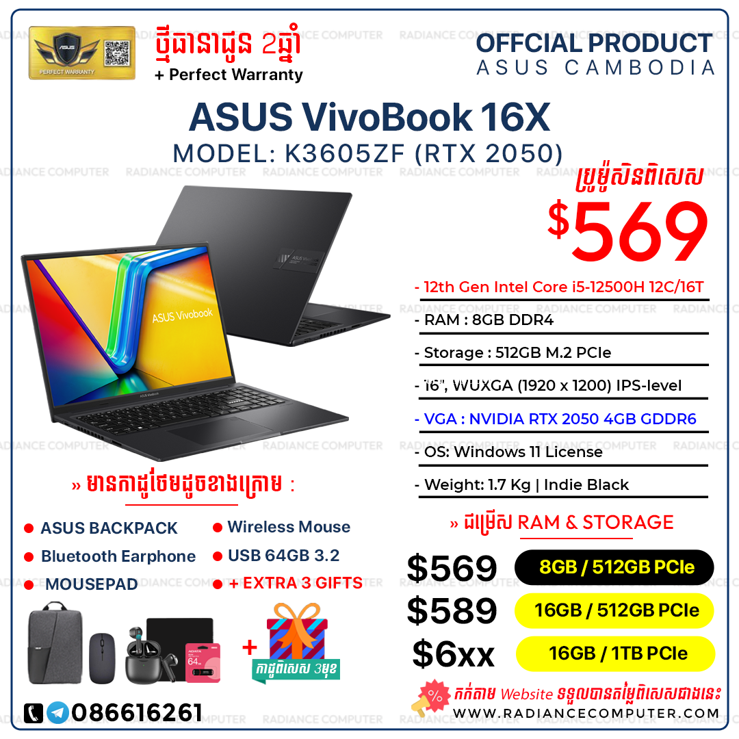 Asus Vivobook K3605ZF RTX 2050 4GB Ram 8GB 512GB price $569.00 in Boeng ...