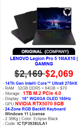 LENOVO Legion Pro 5 16IAX10 | GAMING price $2069 in Mittakpheap ...