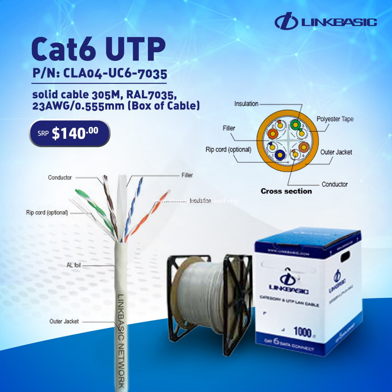 Linkbasic Cat6 UTP Solid Cable 305M (RAL7035) price $140.00 in Prey Sa ...