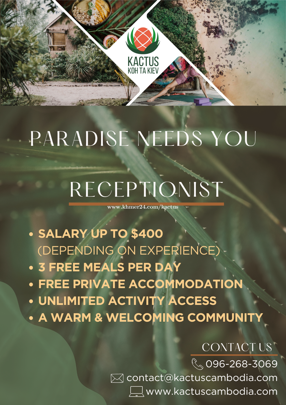 Receptionist on Koh Ta Kiev salary $400.00 in Ream, Krong Kampong Saom, Preah Sihanouk, Cambodia ...