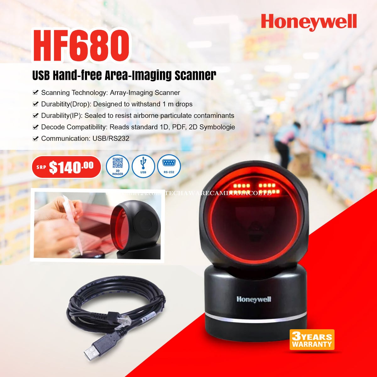 Honeywell HF680 USB Hand-free Area-Imaging Scanner(HF680-R1-1USB) price ...