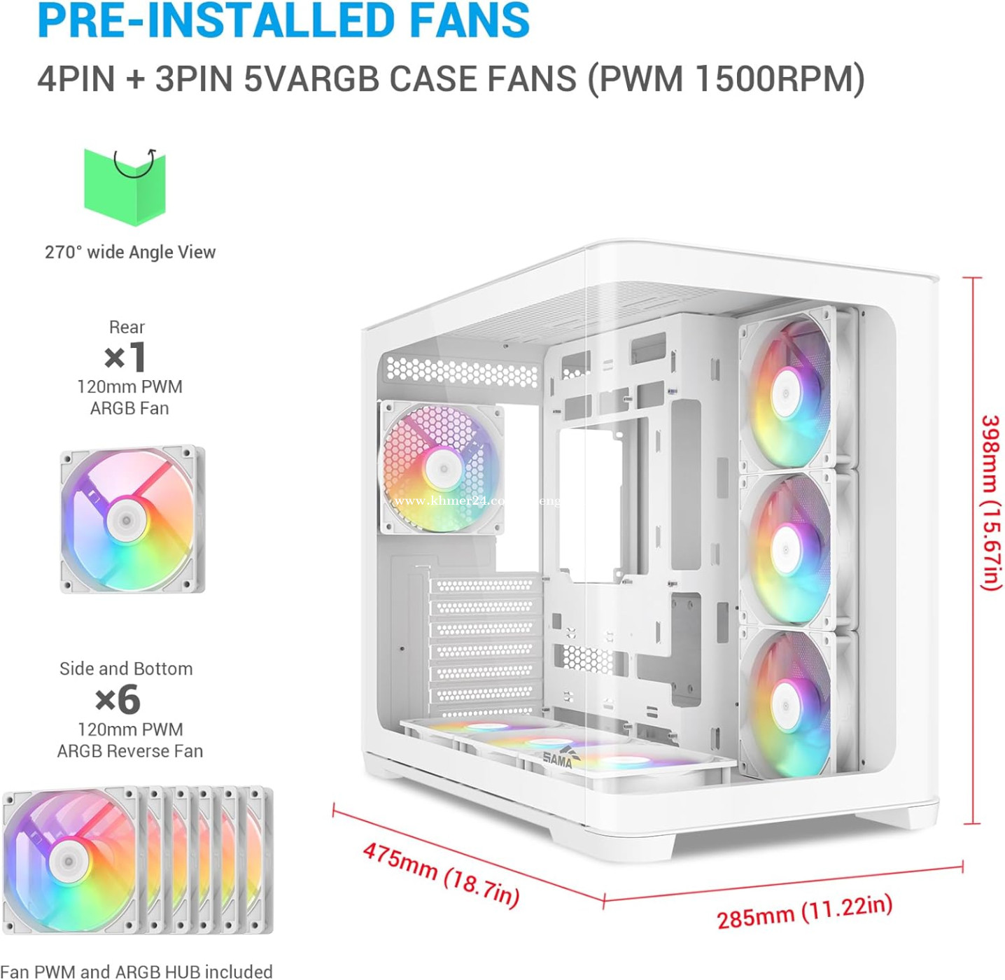 SAMA V60 Mid Tower ATX Curved Gaming Case White include 7 Fans ARGB ...