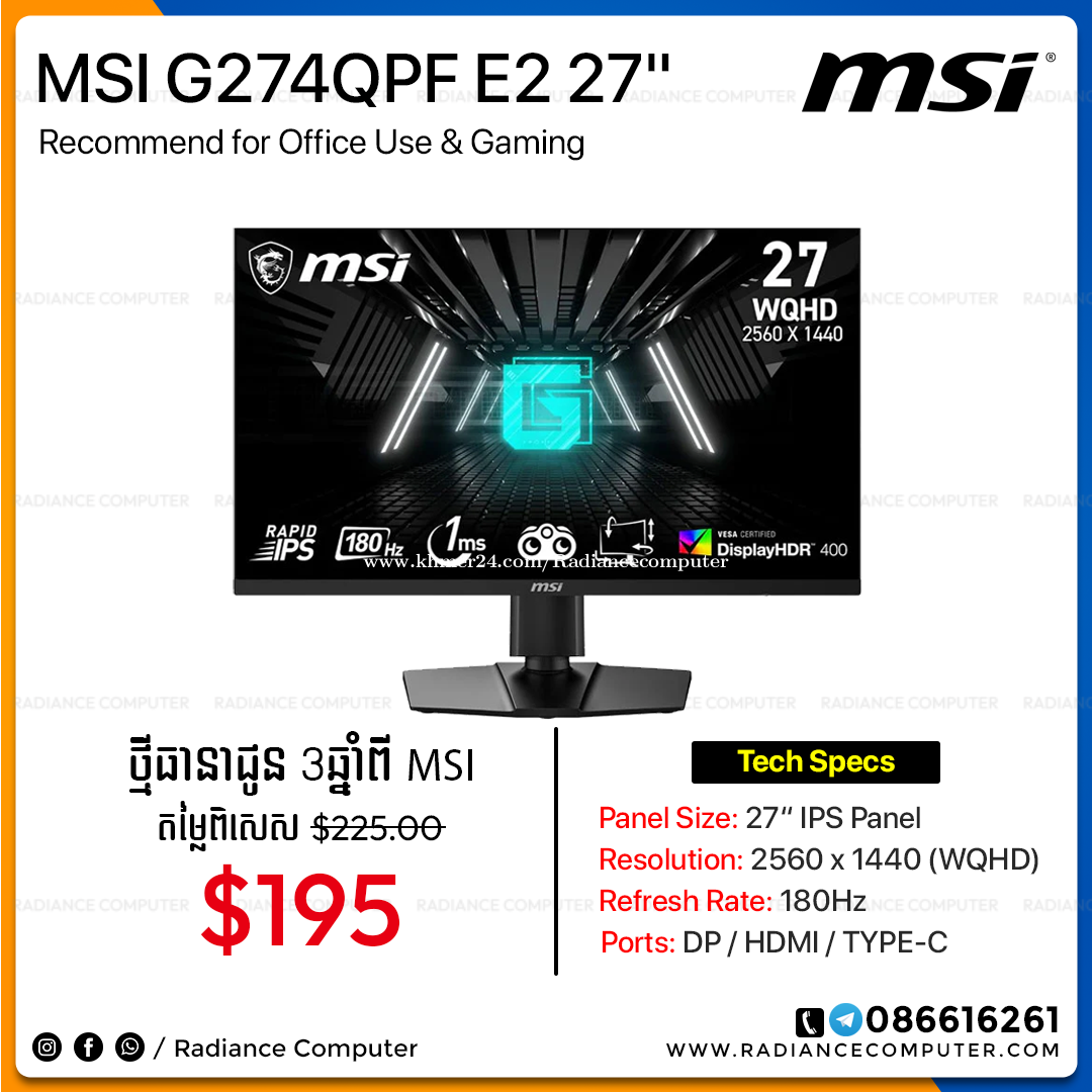 Monitor MSI G274QPF E2 27inch WQHD 180Hz price $195.00 in Boeng Salang ...
