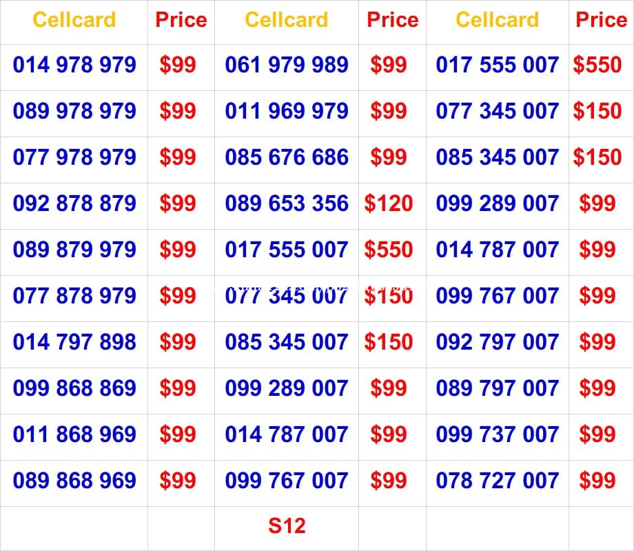 Cellcard special numbers price $99.00 in Samraong Kraom, Por Senchey ...