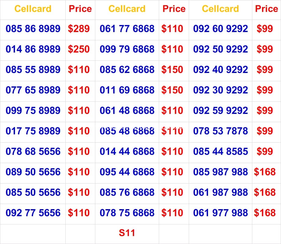 Cellcard special numbers vip 😎 តម្លៃ $99.00 ក្នុង ចោមចៅទី៣, ពោធិសែនជ័យ ...
